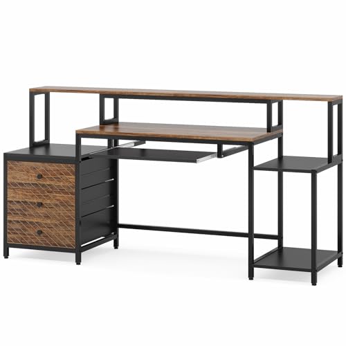 LITTLE TREE 63 inch Computer Desk with 3 Storage Drawers, Reversible Home Office Desk with Monitor Stand, Long PC Desk Workstation with Keyboard Tray, Study Writing Table, Rustic Brown
