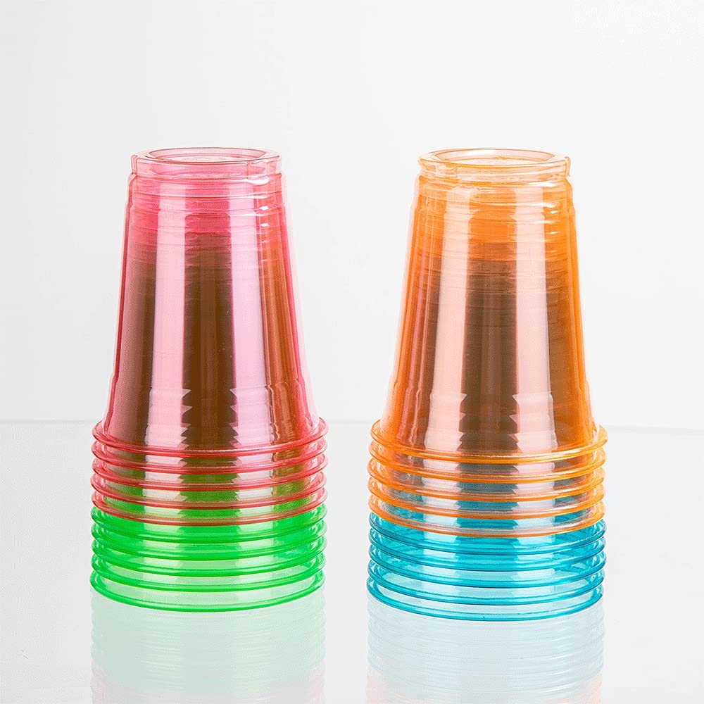 PartyMars 12 Oz 20pcs Disposable Multicolor Neon Glowing Plastic Cups Party Drinking Cups For Wedding Birthday Halloween Christmas Night Party