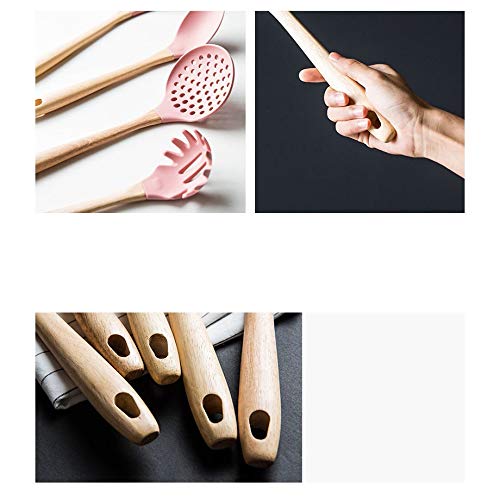 LMMDP Silicone Kitchen Set Cooking Tool Utensils Set Spatula Soup Spoon with Wooden Handle Special Heat-resistant Design