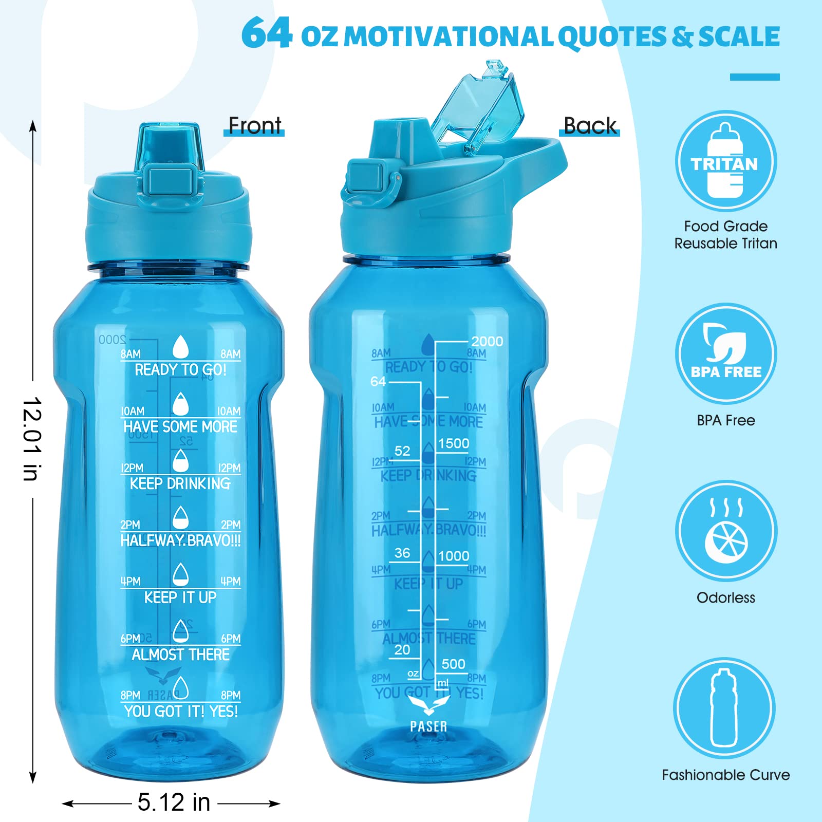 PASER 64oz/Half Gallon Water Bottle with Handle,Motivational Water Jug with Time Marker,Turquoise