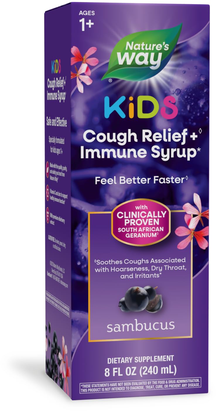 Nature’s Way Sambucus Kids Cough Relief +** Immune Syrup*, Feel Better Faster**, Clinically Proven South African Geranium, with Elderberry Extract, Vitamin C & Zinc, 8 Oz (Packaging May Vary)