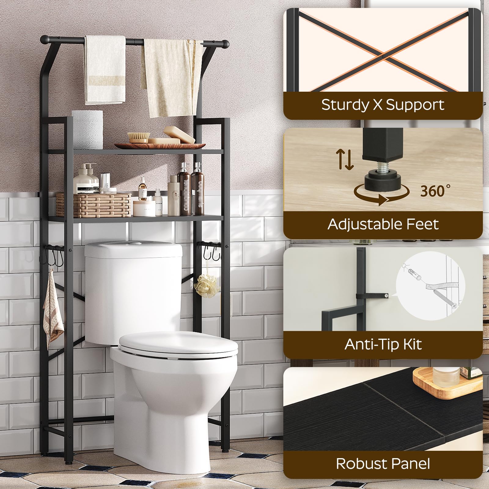YATINEY Over The Toilet Storage, 2-Tier Bathroom Organizer Shelves with Hooks, Multifunctional Vertical The Toilet Shelf Storage Rack for Bathroom, Black TR01BB