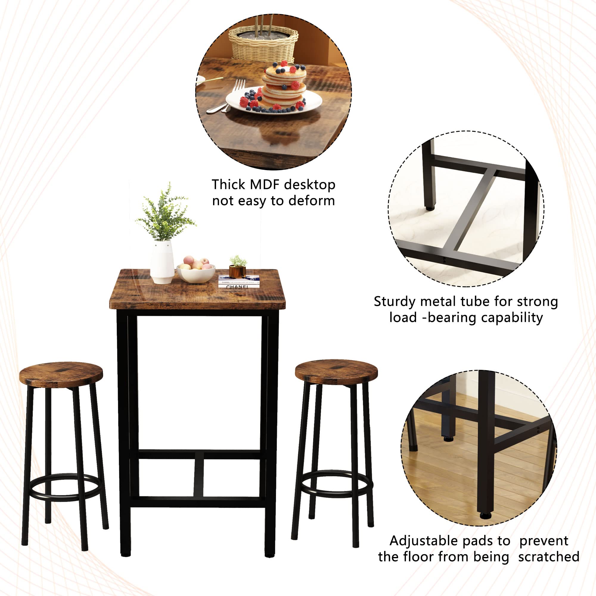 Lamerge Bar Table Set, Square Bar Table Set with Stool, Bistro Table and Chairs Set of 2, Pub Table and Chairs Set for Dining Room, 23.5inch Kitchen Table, Rustic Brown