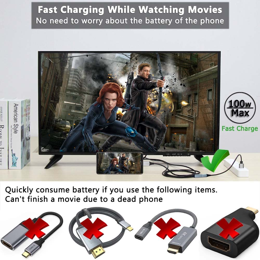 USB C to HDMI Adapter 4K Cable Thunderbolt 3/4 Braided MHL Cord w/ 100W PD Charging Port for MacBook iMac Surface Switch LG Galaxy S22 S21 S20 S10 Note 21 20 9 Android Phone Samsung Dex to Monitor TV