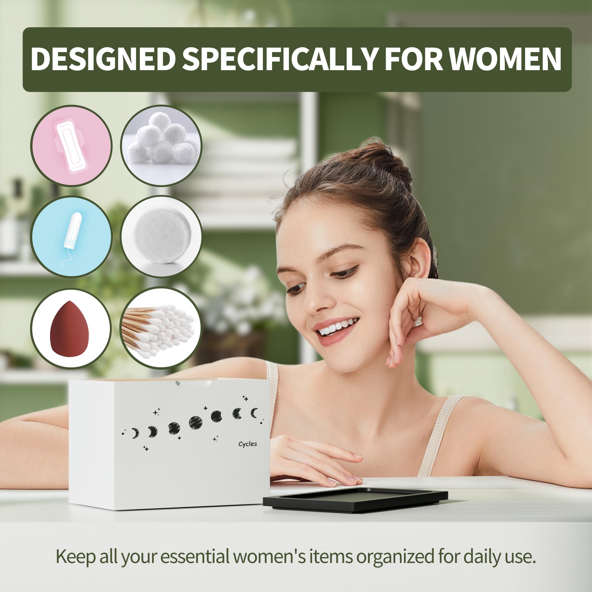 YIKIBOX Tampon Holder Storage for Bathroom with Tray Lid,Feminine Product Organizer,Wood Tampon Container Box,Essentials for Women,Thoughtful and Practical Gifts for Women(White)