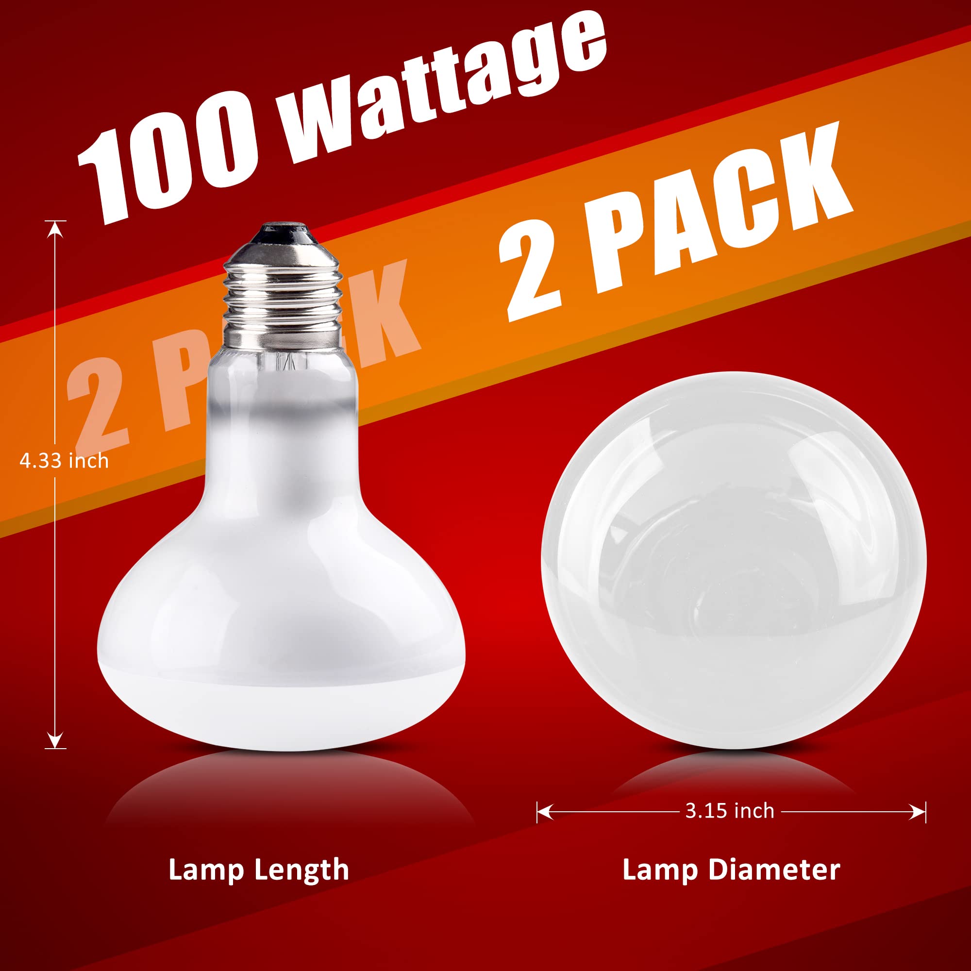 Makmzoon 2 Pack 100W Reptile Heat Lamp Bulb UVA Basking Spot Heat Lamp Reptile light tortoise light turtle Bulb for Animals Bearded Dragon