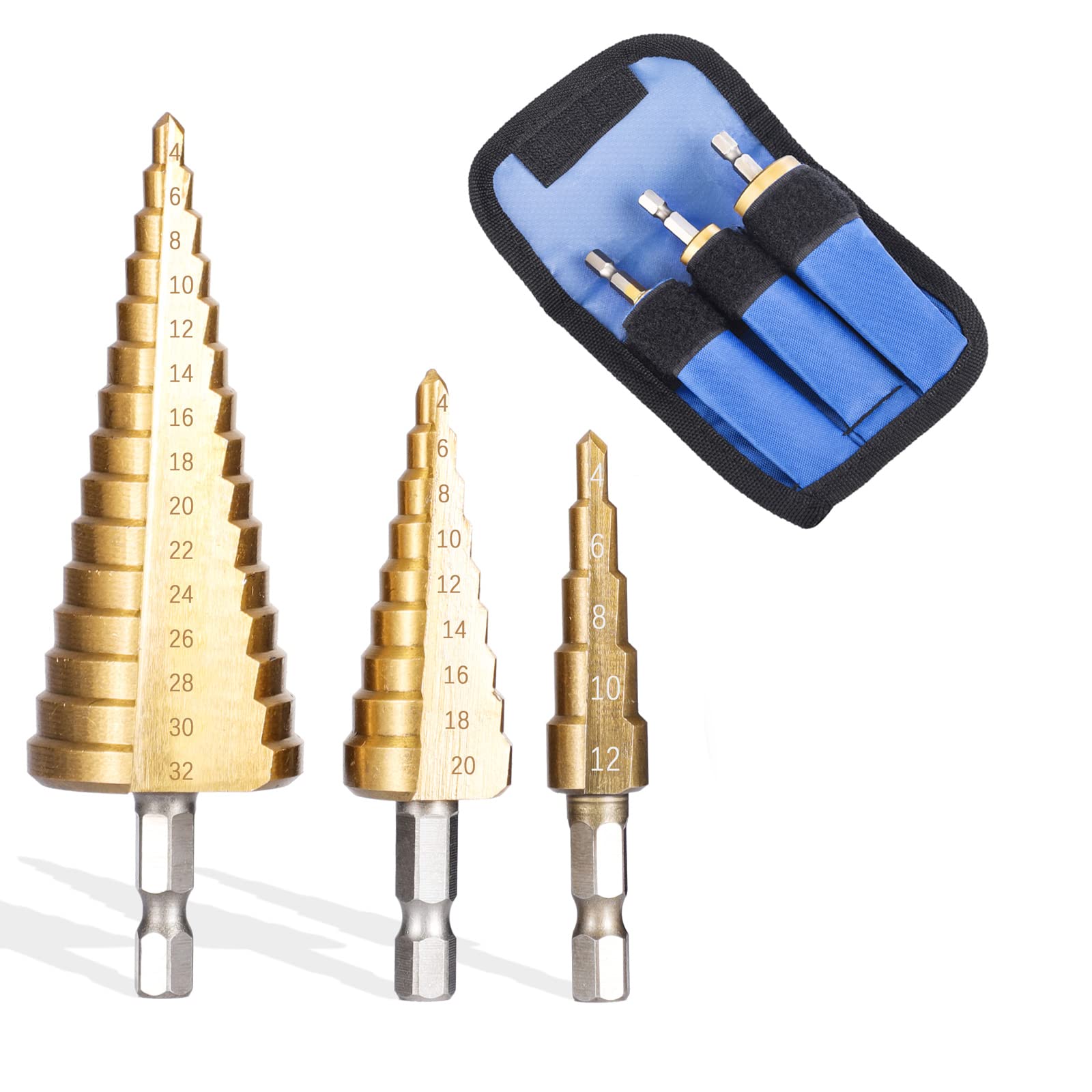 Step Drill Bit Set Metric 3PCS with Bag, Automatic Center Punch (4-12mm/4-20mm/4-32mm), 1/4" Hex Shank Quick Change Titanium Coated High Speed Steel Drill Bits for Copper/Aluminum/Wood/Plastic