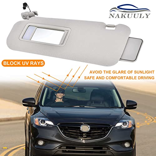 Nakuuly Left Driver Side Sun Visor with Mirror Light Compatible with Mazda CX-9 2010-2015 Replaces TDY1-69-320, TD11-69-320C-75, TD11-69-320D-75 Gray