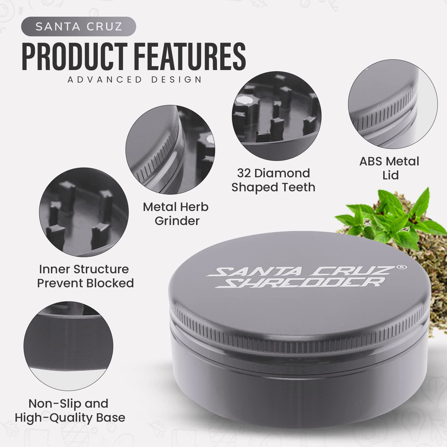 Santa Cruz Shredder Metal Herb Grinder Knurled Top for Stronger Grip 2-Piece 2.7" (Grey)
