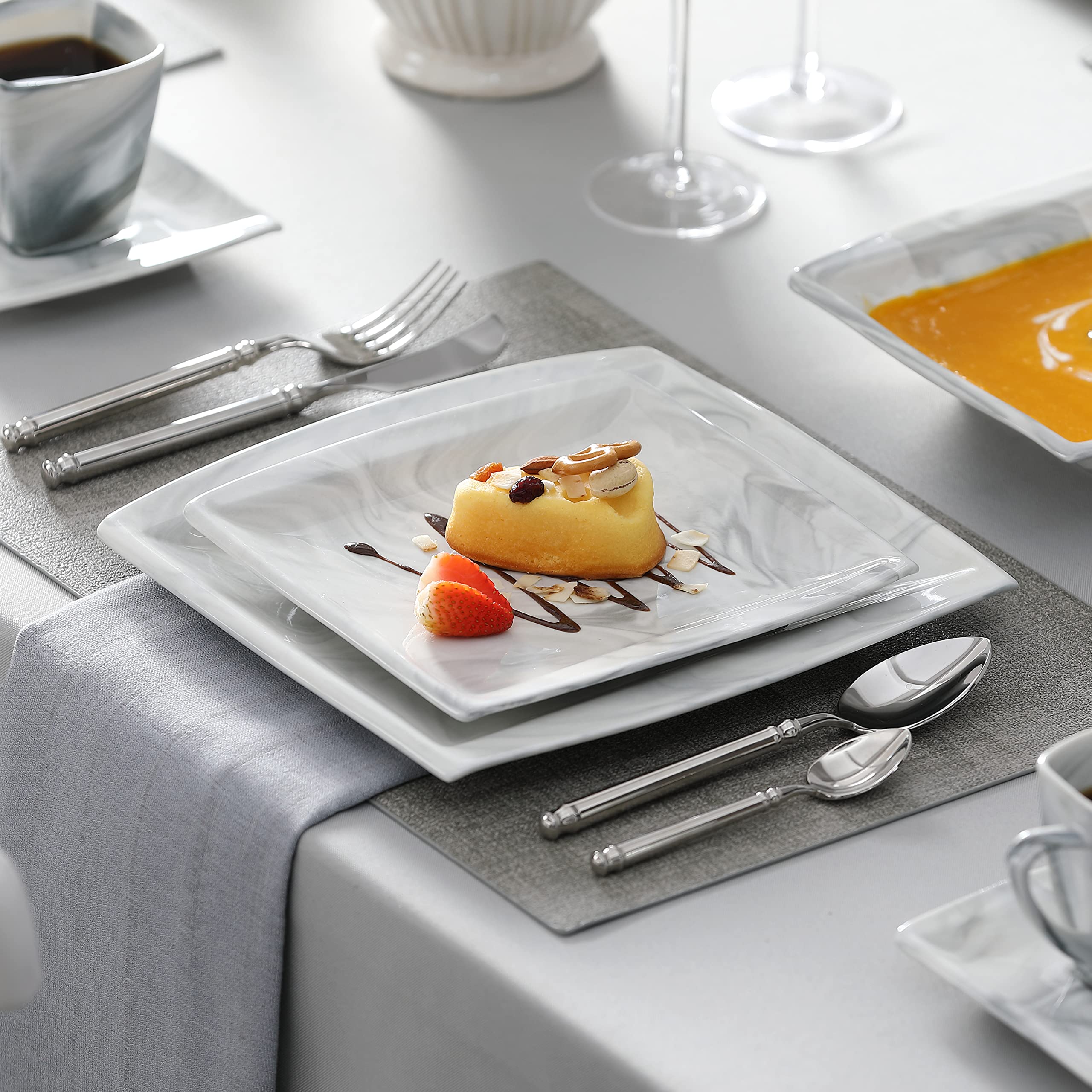 MALACASA Ivory White Dinnerware Set, 30-Piece Square Plates and Bowls Sets, Porcelain Dish Set with Dinner Plate, Dessert Plate, Soup Plate, Cup and Saucer, Dinnerware Sets for 6, Series Monica