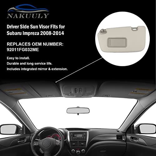 Nakuuly Left Driver Side Sun Visor Gray Compatible with Subaru Impreza WRX STI 2008 2009 2010 2011 2012 2013 2014 Replaces # 92011FG032ME