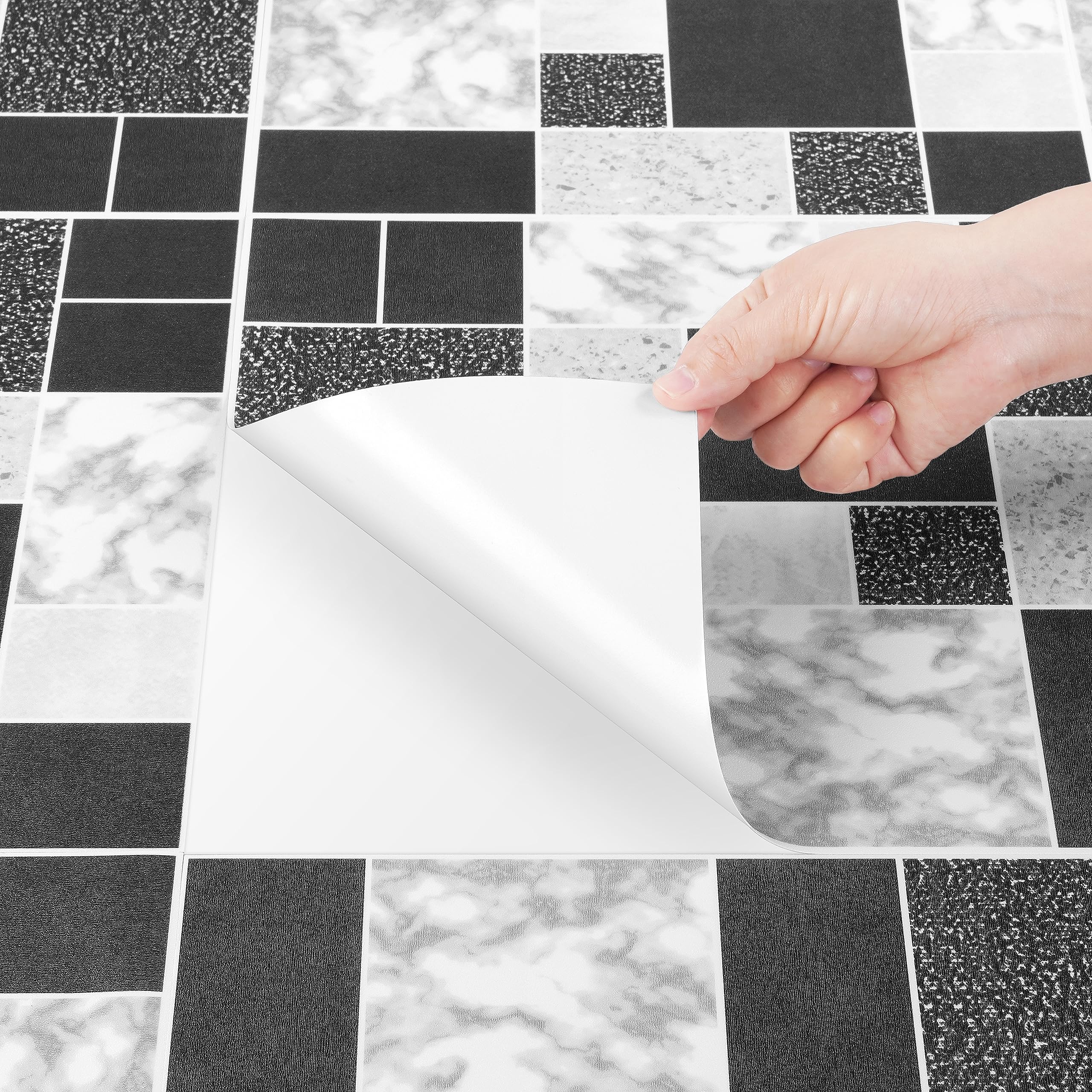 Livelynine Black and White Peel and Stick Floor Tile Bathroom Modern 4pcs 12x12" Grey Marble Self Adhesive Floor Tiles Peel & Stick Waterproof Vinyl Flooring Stick on Tile Floor Sheets Kitchen Shower