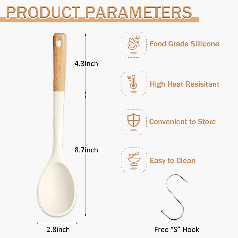 Large Silicone Cooking Spoons, Nonstick Solid Wooden Handle Kitchen Spoons, Heat Resistant Silicone Rubber Spoonula for Cooking, Serving, Basting, Mixing Tool, 13.2inch, Flexible Scraper (Khaki)