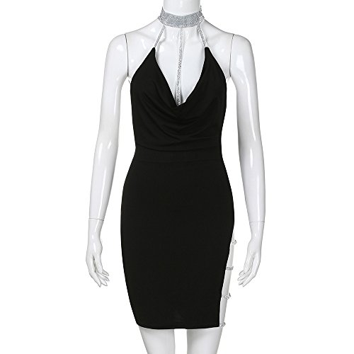 Women's Sexy Deep V Neck Backless Bodycon Dress Halter Neck High Slit Lace Up Mini Night Club Dress (Black, M)