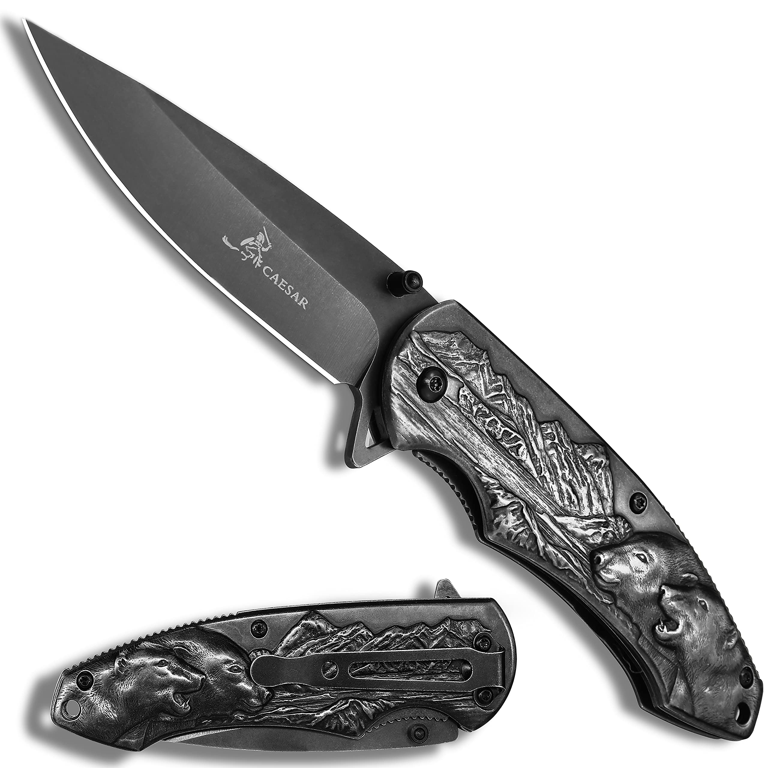 Pocket Folding Knife, Survival Knife With 3D Embossed Bear Pattern, Great Gift Edc Pocket Knife For Men Outdoor Camping Hiking Hunting Knife