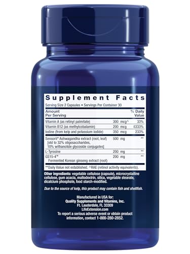 Life Extension Thyroid Support Complex - Thyroid Health Support Supplement with Vitamins A, B, Iodine, Magnesium, L-Tyrosine, Ashwagandha & Ginseng for Energy β Non-GMO, Gluten-Free - 60 Capsules