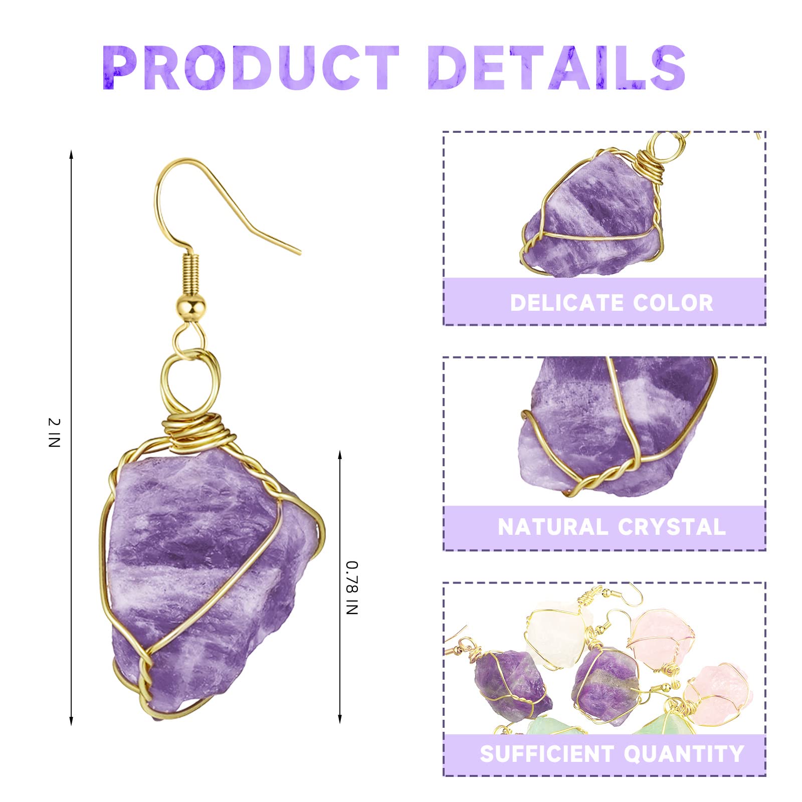 Raw Quartz Crystal Dangle Earring Raw Gemstone Drop Earrings Natural Handmade Wire Wrapped Healing Stone Eardrop Jewelry Irregular Amethyst Clear Crystal Fluorite Rose Quartz for Women (Green)