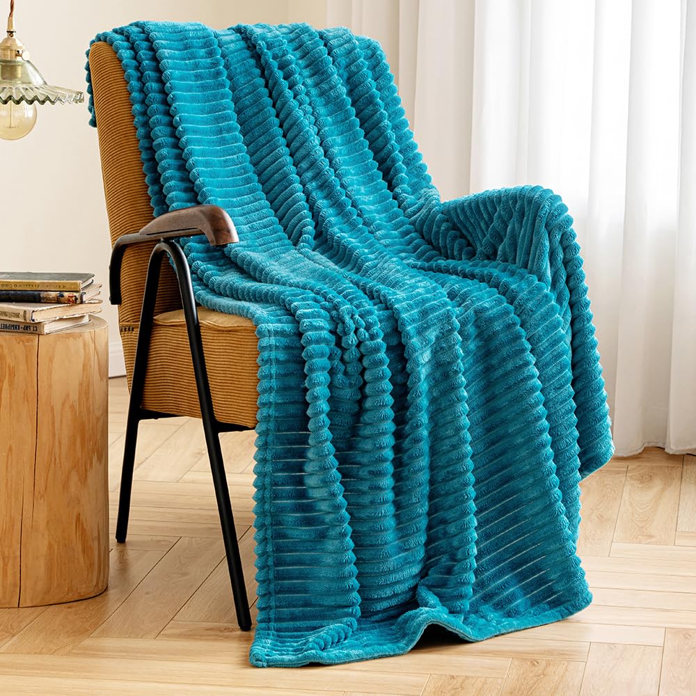 MIULEE Fleece Throw Blanket for Couch 300GSM Super Soft Lightweight Plush Striped Blanket, Teal Blue Warm Cozy Breathable Ribbed Blanket for Bed/Sofa, Throw Size 50"x60", Turquoise