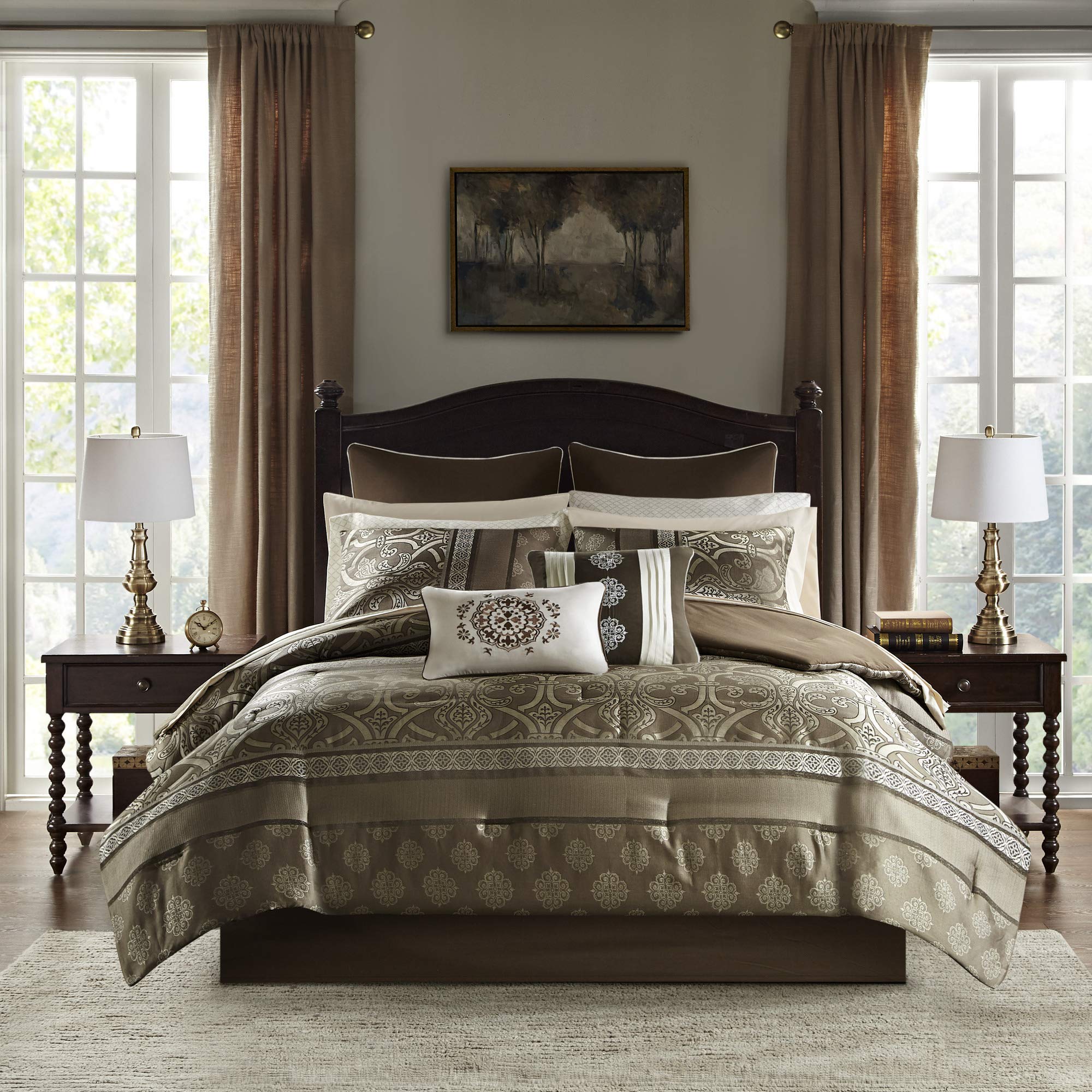 Madison Park - MPE10-796 Essentials Zara 16 Piece Jacquard Complete Bedding 2 Sheet Sets, King, Brown