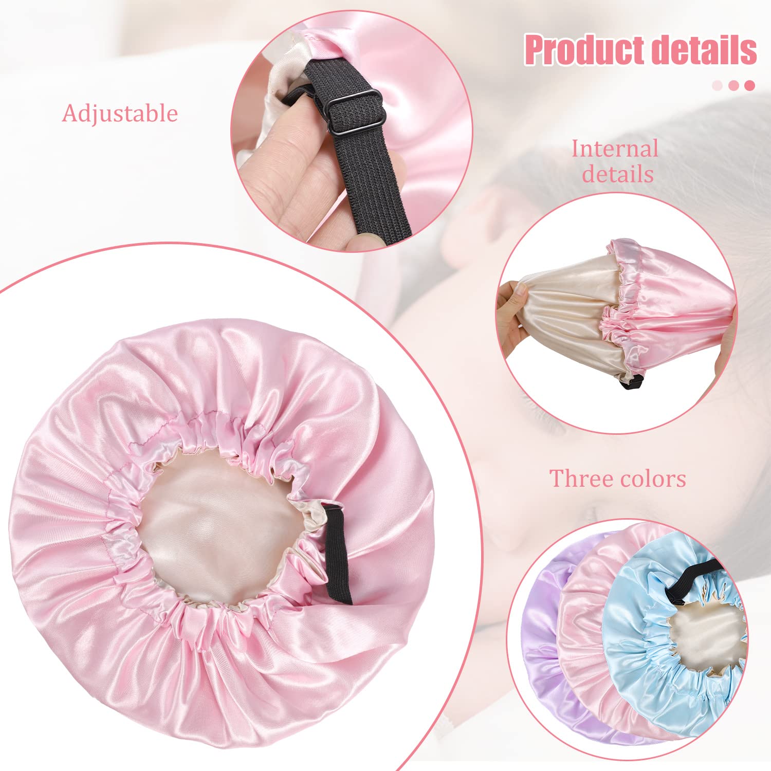 WSICSE 3 Pcs Baby Kids Bonnets, Adjustable Bonnet for Kids Toddler Double Layer Satin Bonnet for Sleeping