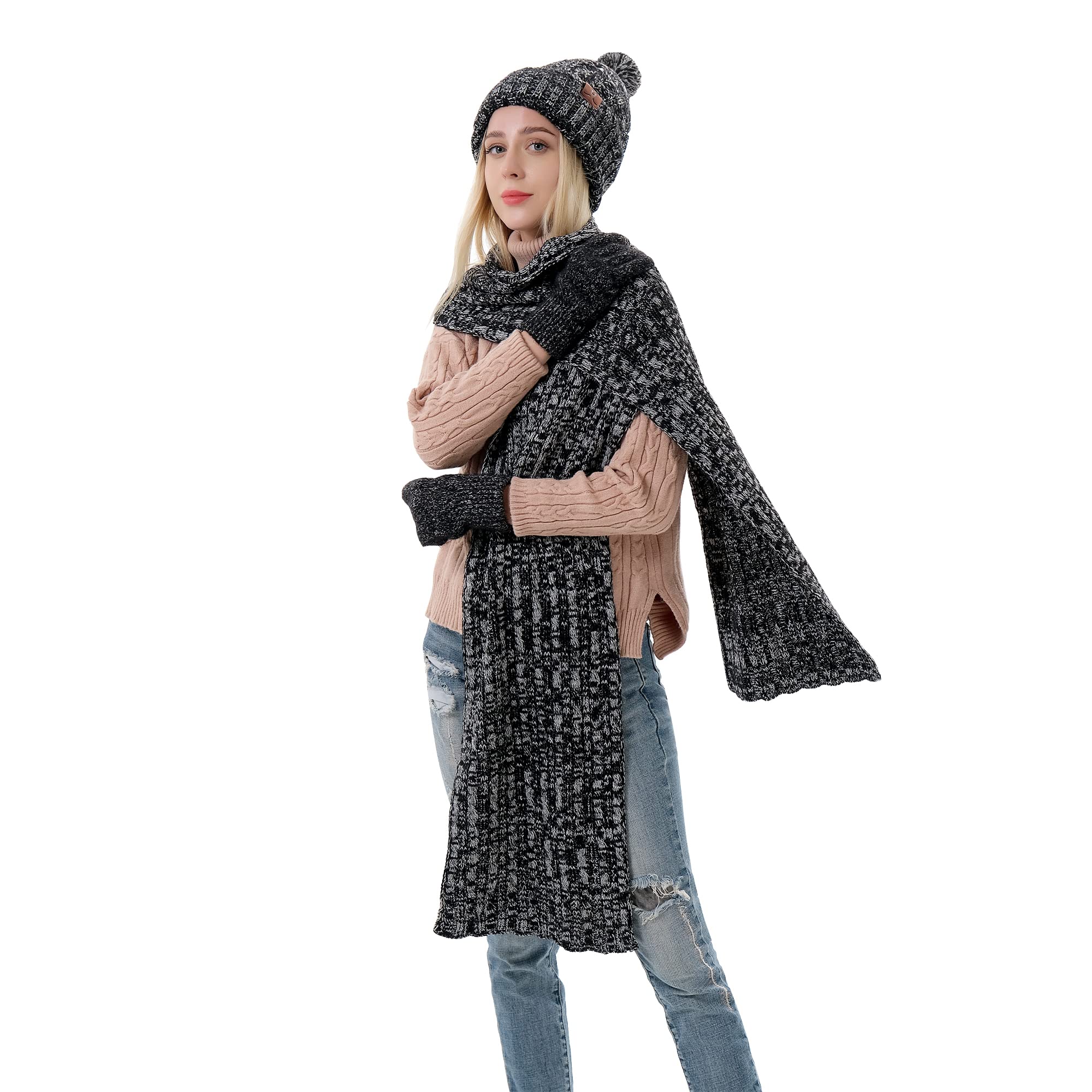 MAYLISACC Ladies Knit Beanie Hat Neck Warmer Scarf and Touch Screen Gloves Set, Double Layer Fleece Bubble Cap for Women