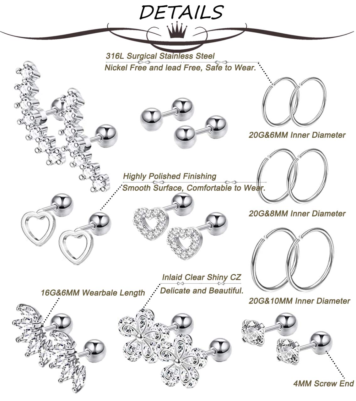 Masedy 10Pairs Stainlesss Steel Cartilage Stud Earrings for Women Helix Tragus Couch Hoop Piercing Earrings Set 10S