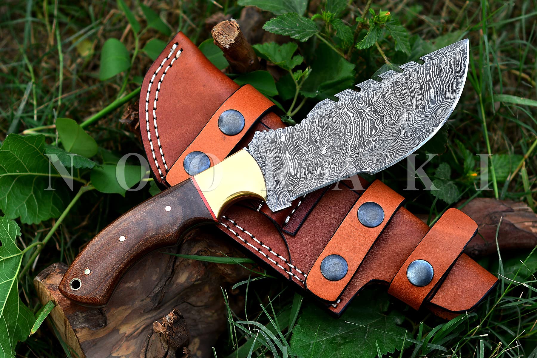 Nooraki - 11 inch | Custom Handmade Damascus Tracker Knife with Brown Micarta Handle Hunting knife, Camping knife, Bushcraft Knife, Survival Knife - Full Tang Fire Pattern With Sheath #332