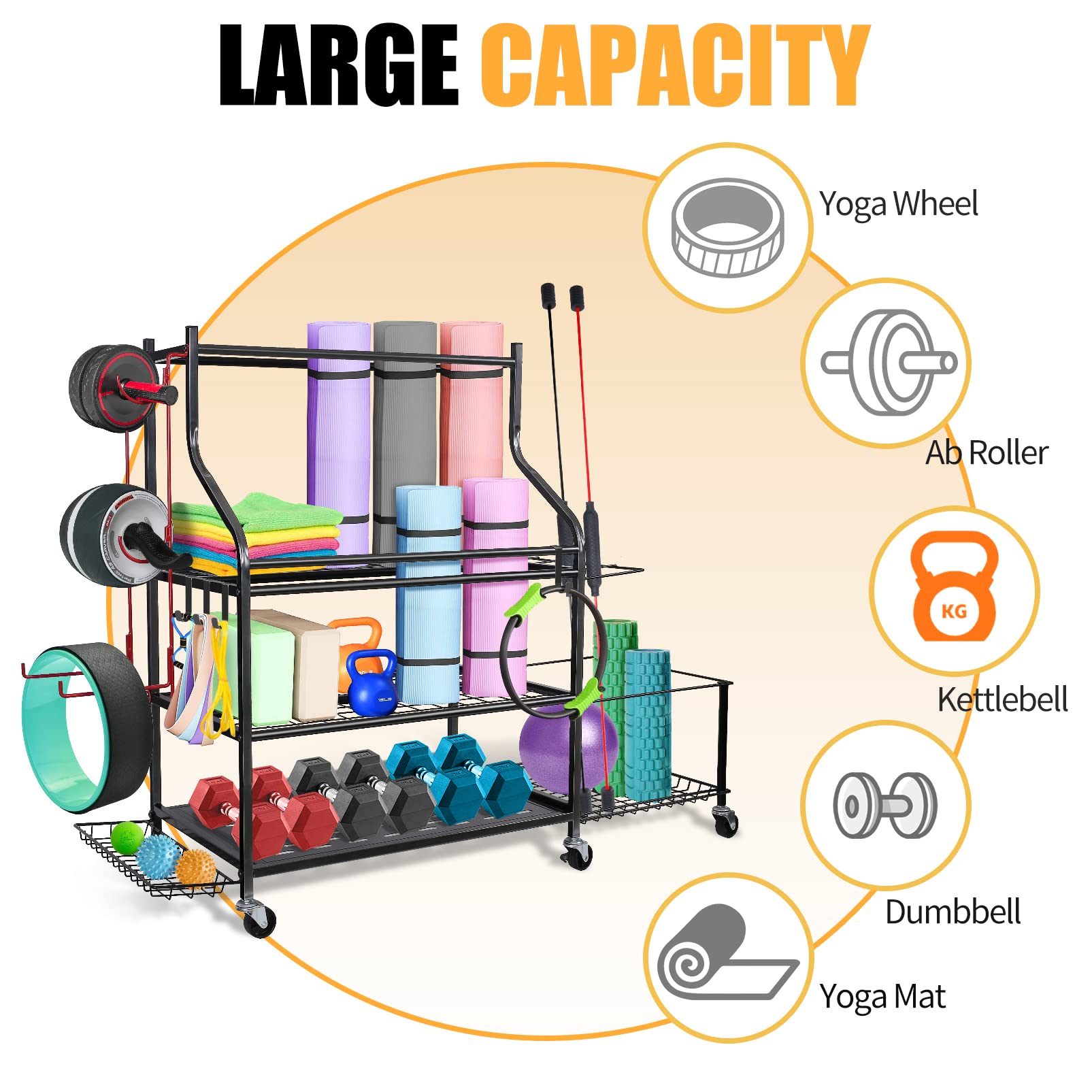 Shmilyashly Yoga Mat Storage Rack, Home Gym Storage Rack for Yoga Mat, Gym Equipment Storage Rack for Dumbbells Kettlebells Foam Roller, Exercise Shelf with Hooks and Wheels