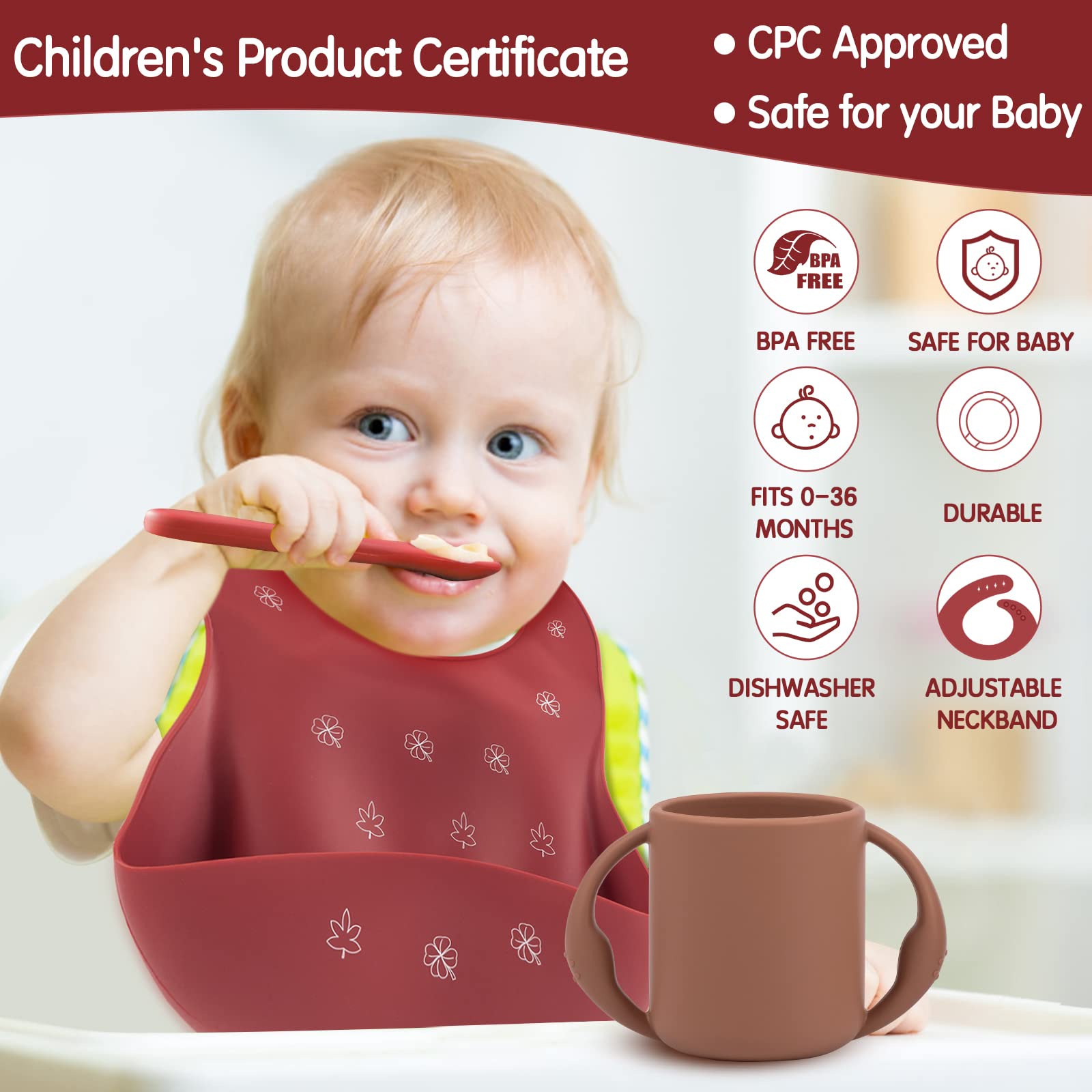 Silicone Baby Bib - Waterproof Bib with Spoon- Stay Open Pocket Feeding Bib for Toddlers- Lightweight Comfortable Adjustable Snaps Food Grade Bib - Easily Wipe Clean (Red)