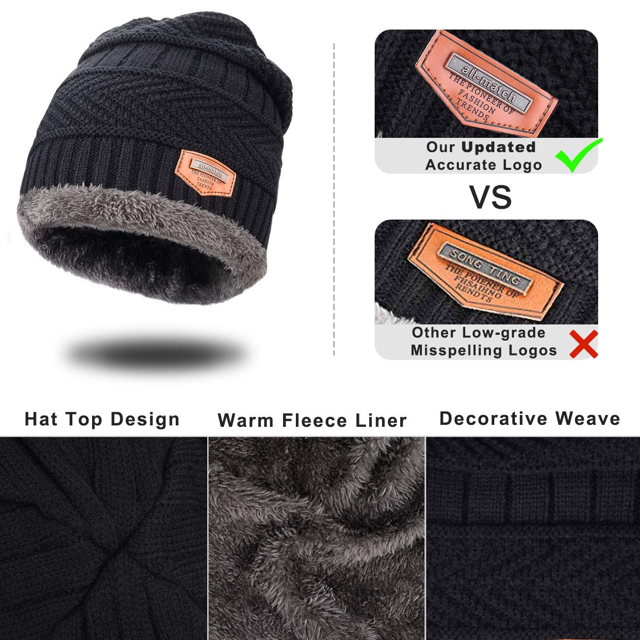 MAYLISACC Winter Cable Knit Hat Fleeced and Touch Screen Gloves 2 Pcs Set for Men and Women Gift Black