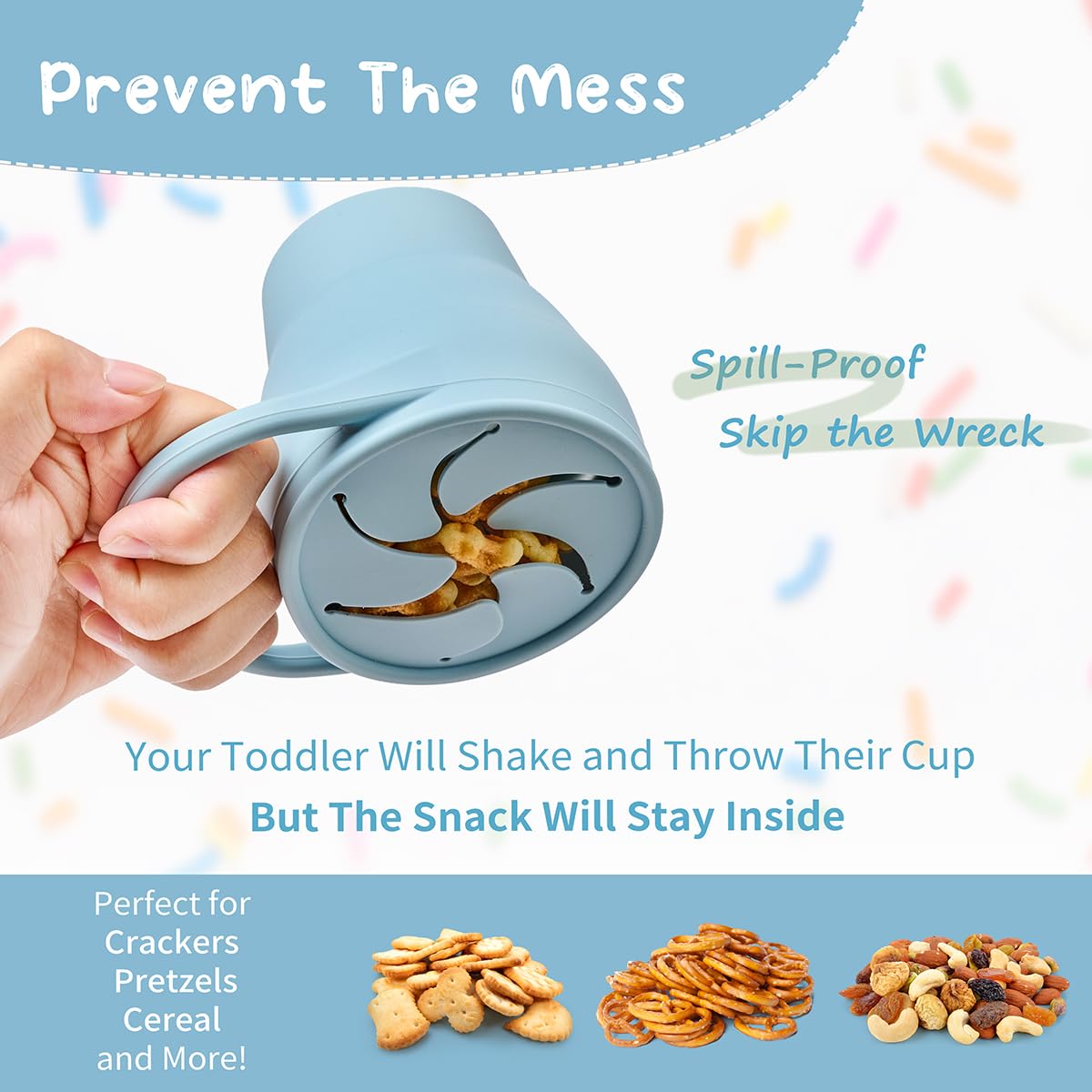 MumEZ Snack Cups for Toddlers, 2Pack Baby Snack Pots Food Grade Silicone Snack Cups, Spill-Proof Tops for Toddlers and Babies, Snack Spinner, Toddler Snack Pot