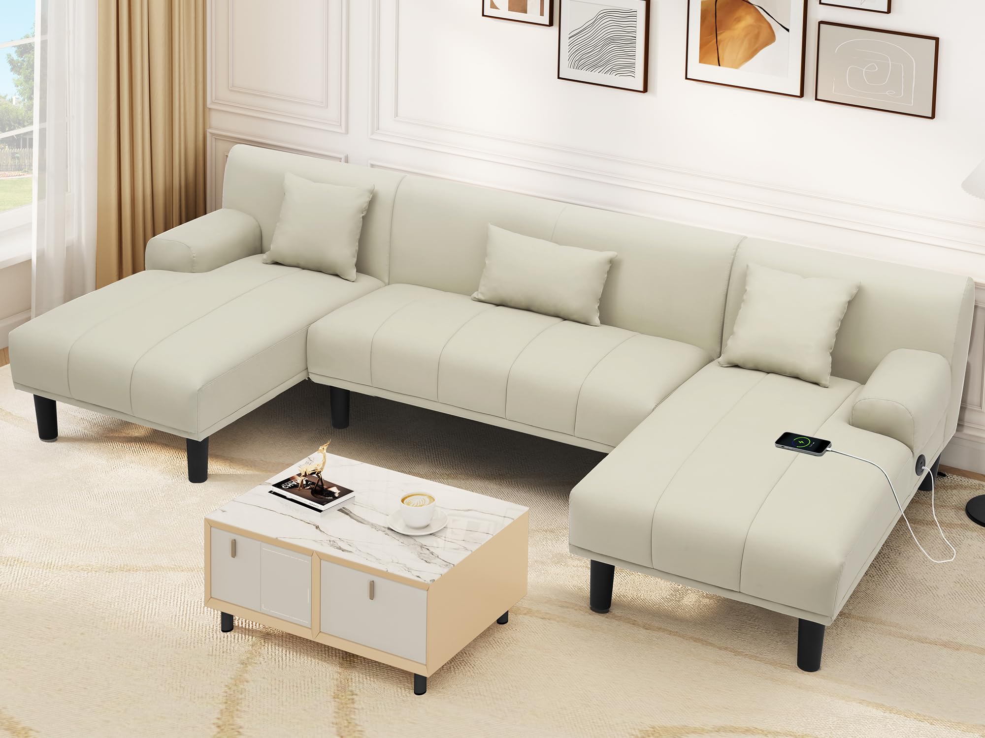 YITAHOMA Sectional Couches for Living Room, U Shaped Sofa Faux Leather Modern Modular Couch with USB & Type C Charging Ports Double Chaise and Comfy Upholstered, Beige