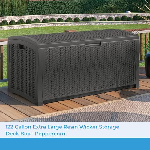 Suncast 122-Gallon Extra Large Resin Wicker Outdoor Storage Deck Box, Peppercorn