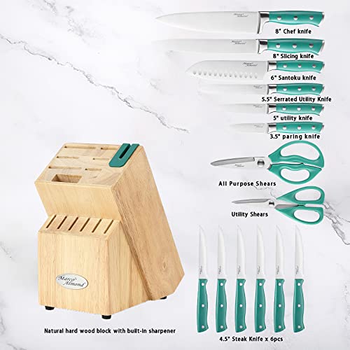 Marco Almond® Knife Set with Block KYA31B,14 Pieces Japanese Stainless Steel Cutlery Knives Block Set for Kitchen with Built-in Sharpener