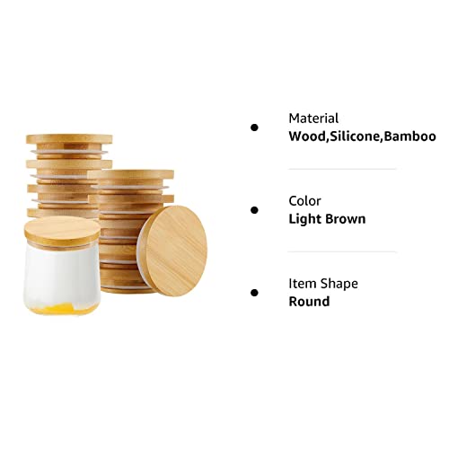 Sawysine Yogurt Jar Lids Set Reusable Bamboo Wooden Lids Round Canning Lids with Silicone Sealing Rings Compatible with Oui Yogurt Jars for Mugs and Jars (12)