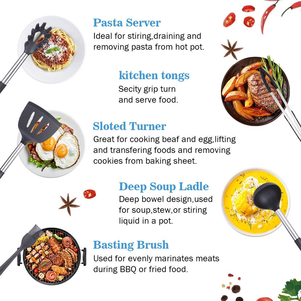 LMMDP 15 PCS Silicone Kitchen Cooking Utensil Set Non-stick Stainless Steel Handle Kitchenware Cookware Tools Set Spatula Shovel Spoon (Color : D)
