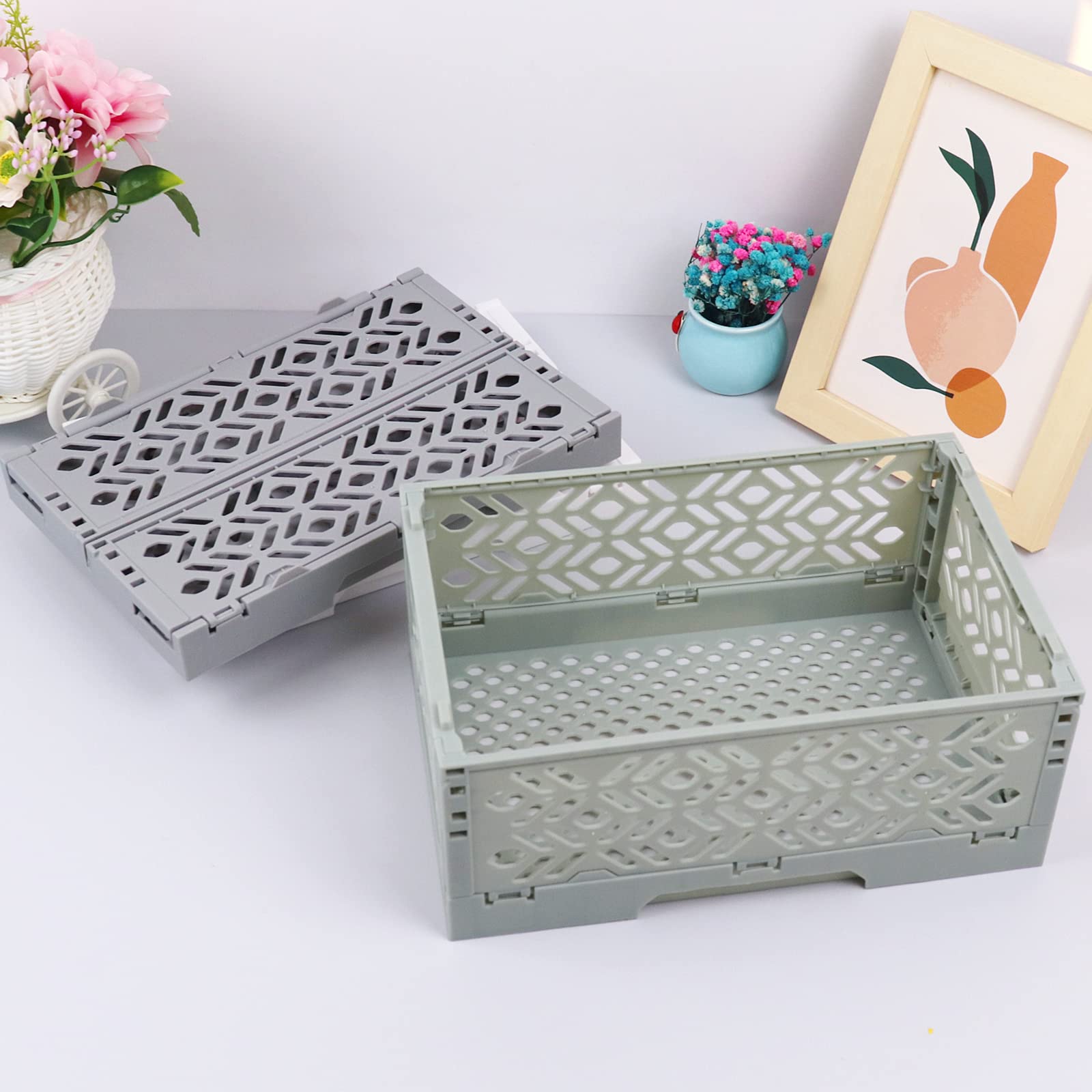 Klyuqoz Pastel Crates (9.4'' X 6.3'' X 3.9''), Storage Crates Plastic Stackable, Cute Crates Pack of 3, for Home Bedroom Office Kitchen Decoration(Green, Gray, White)