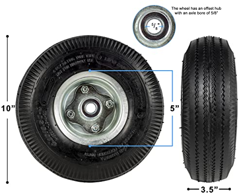 Vergo Pneumatic Wheels 2-Pack Heavy Duty Air Filled Dolly Replacement Wheels - Threaded Tires, Hand Truck Wheels 10" x 3.5” with 5/8" Axle Bore Hole, Offset Hub