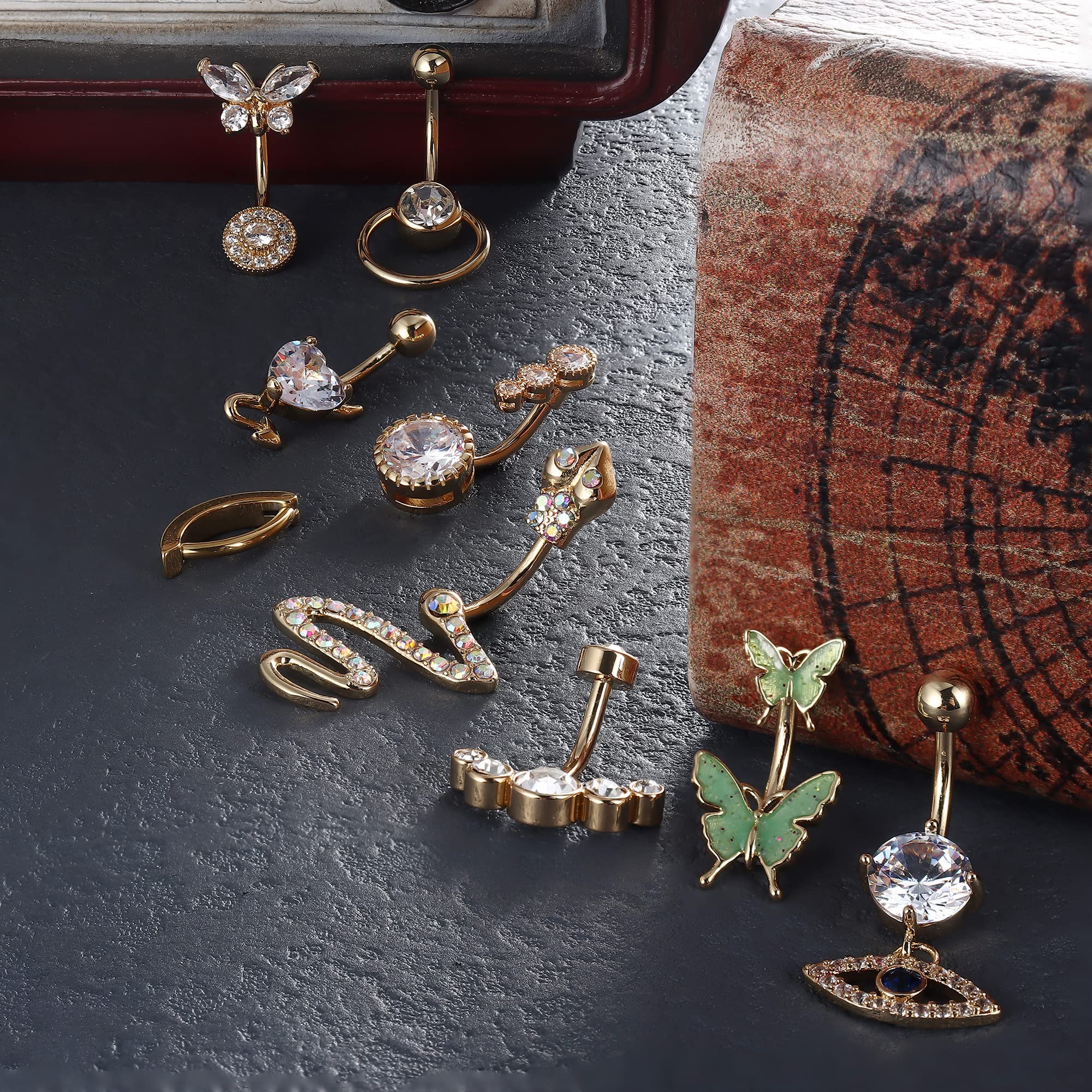 THUNARAZ 9Pcs 14G Gold Belly Button Rings Dangle for Women Stainless Steel Snake Butterfly Evil Eye Devil Heart Clear CZ Clicker Belly Button Rings Navel Ring Body Piercing Jewelry