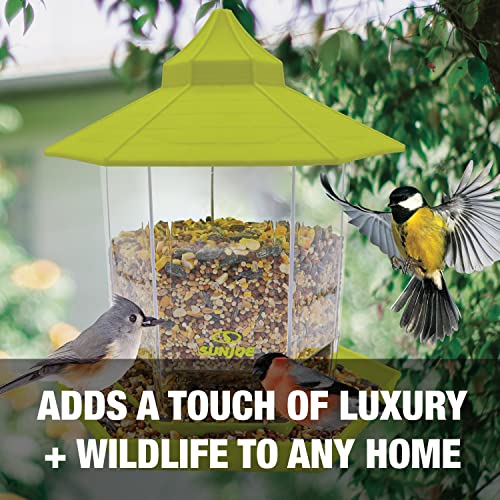 Sun Joe SJ-WBFX-GRN Wild Bird Hanging Feeder, w/Roof and Hexagonal Shape, for Outdoor Garden & Yard Decoration, 2.15 Lbs Bird Seed & Nut Capacity