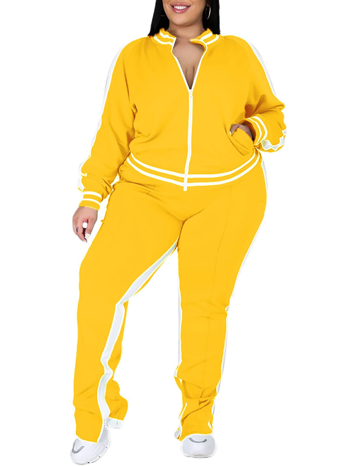 ThusFar Women Plus Size 2 Piece Outfits Jogging Suits - Stripe Long Sleeve Zipper Jacket + Skinny Sweatpants Tracksuits Set Yellow XXL