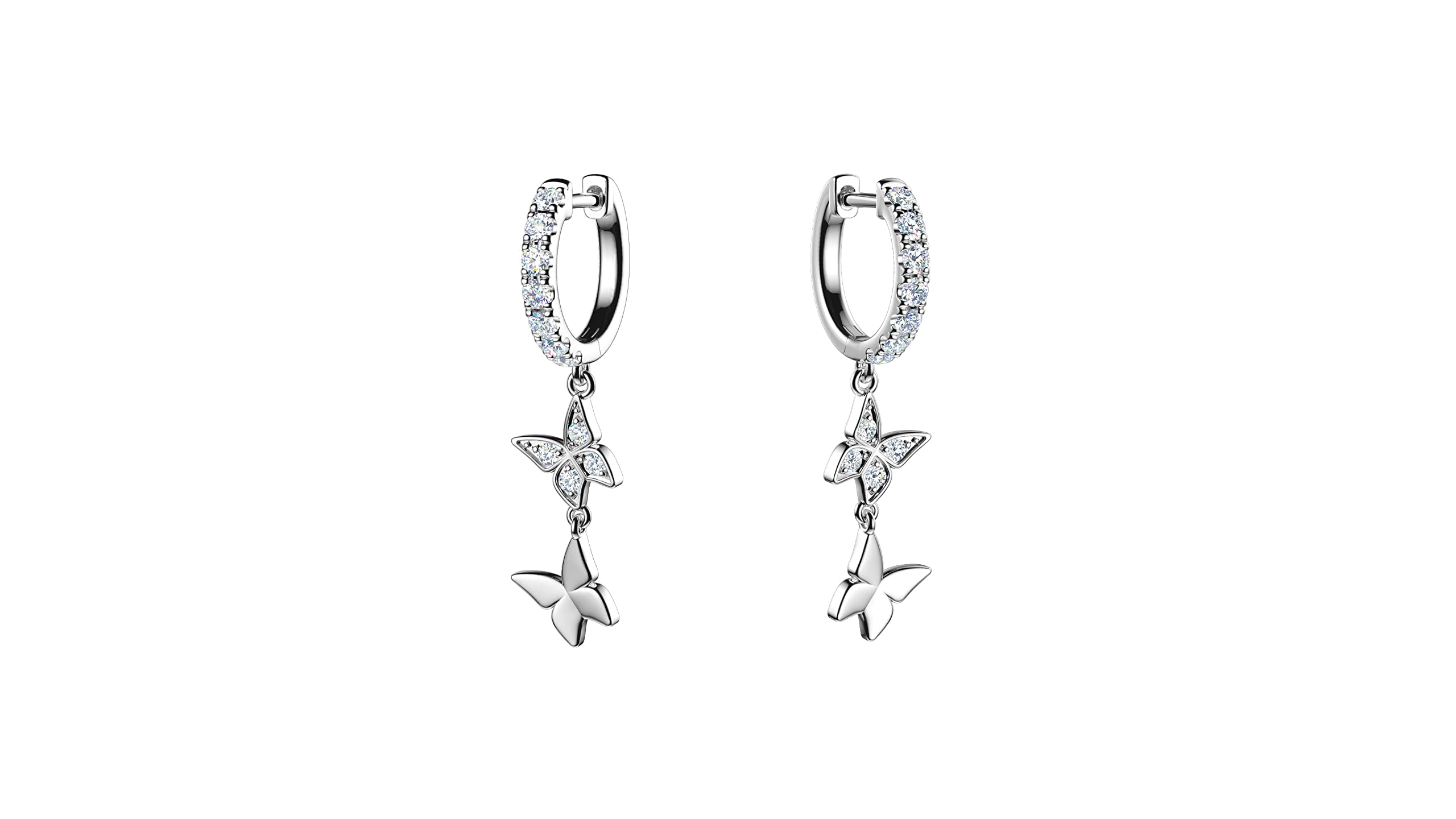 Rockher Sparkle in Elegance with .925 Sterling Silver Cubic Zirconia Double Butterfly Dangle Drop Huggie Hoop Earrings