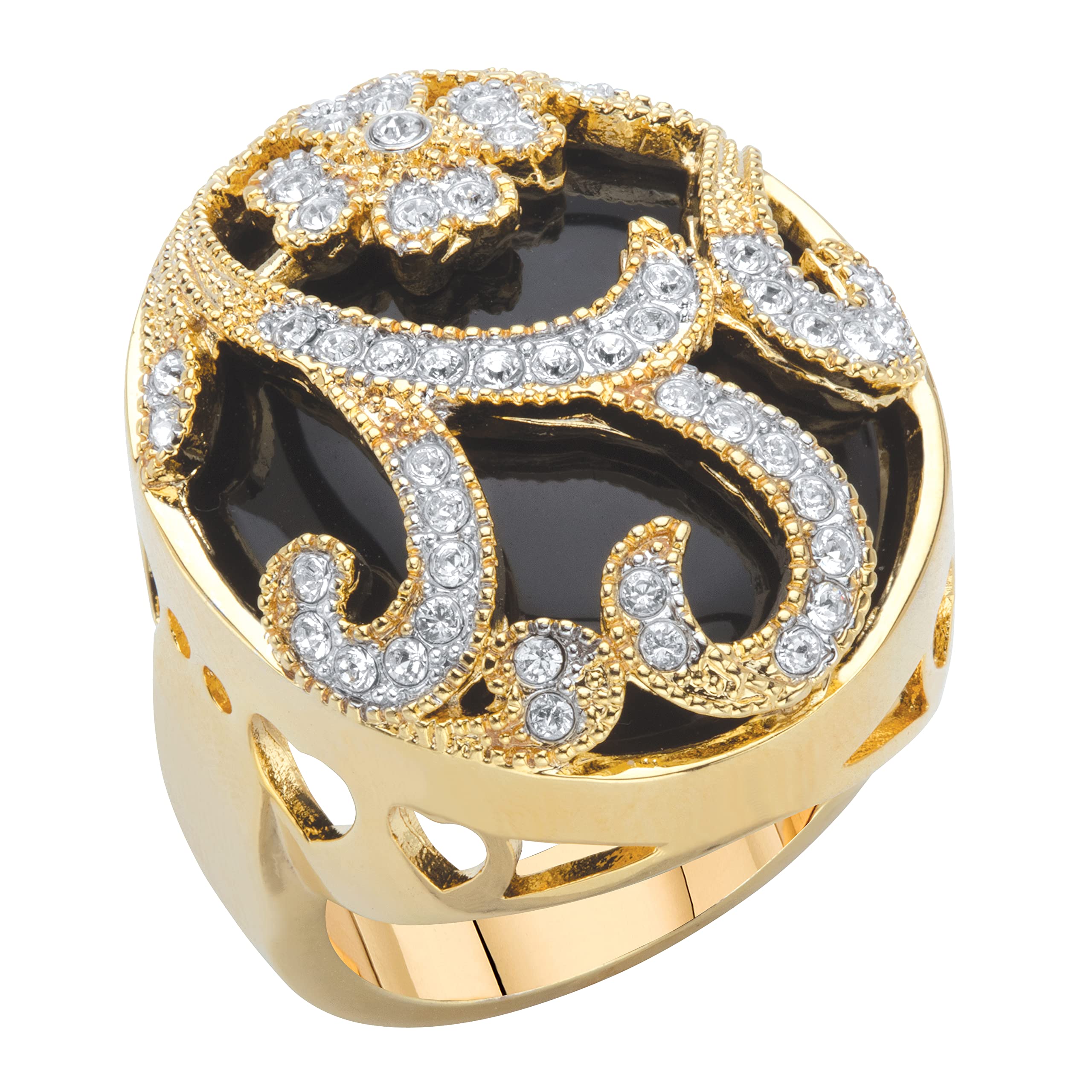 PalmBeach Yellow Gold-plated Oval Shaped Natural Black Onyx and Round Crystal Floral Scrolled Dome Ring Sizes 6-10 Size 6