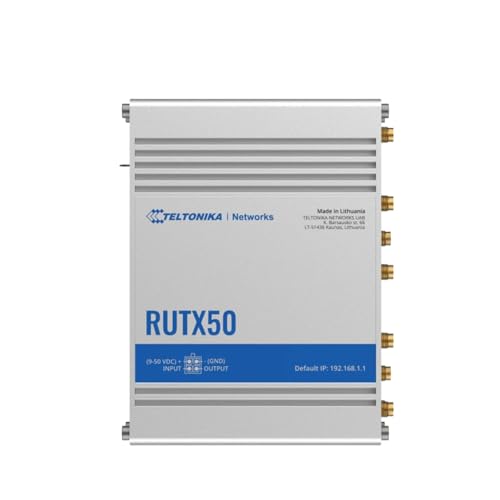 Teltonika RUTX50000000 Model RUTX50 Industrial 5G Router, Speeds up to 3.3 Gbps, Dual SIM, Up to 150 Simultaneous Connections, EU PSU