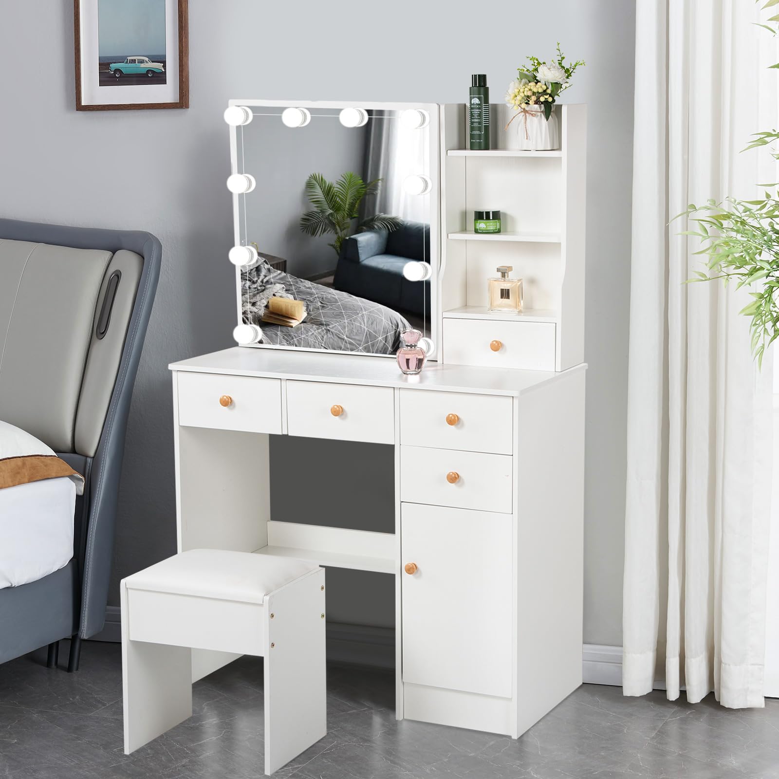 Logimiz Vanity Desk with Mirror and Lights-3 Colors and Brightness Adjustable, Girls Makeup Vanity with Hiding Shelves, White Vanity Set with Cabinets, Drawers and Cushioned Stool