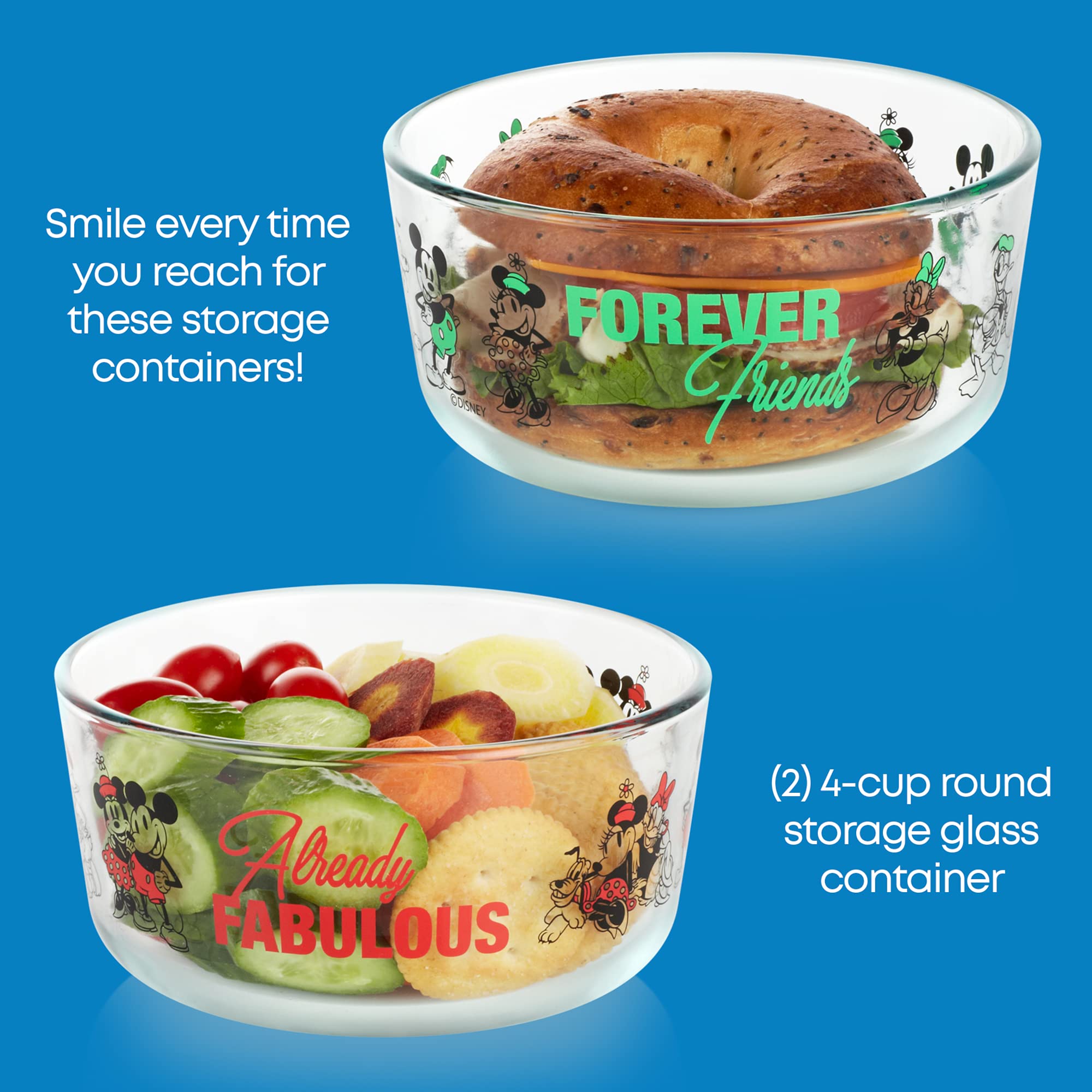 Pyrex 8-Pc Glass Food Storage Container Set, 4-Cup & 3-Cup Decorated Round Meal and Rectangle Prep Containers, Non-Toxic, BPA-Free Lids, Hello Kitty