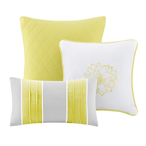 Madison Park Lola Sateen Cotton Comforter Set-Casual Medallion Floral Design All Season Down Alternative Bedding, Shams, Bedskirt, Decorative Pillows, Queen(90"x90"), Grey/Yellow, 7 Piece