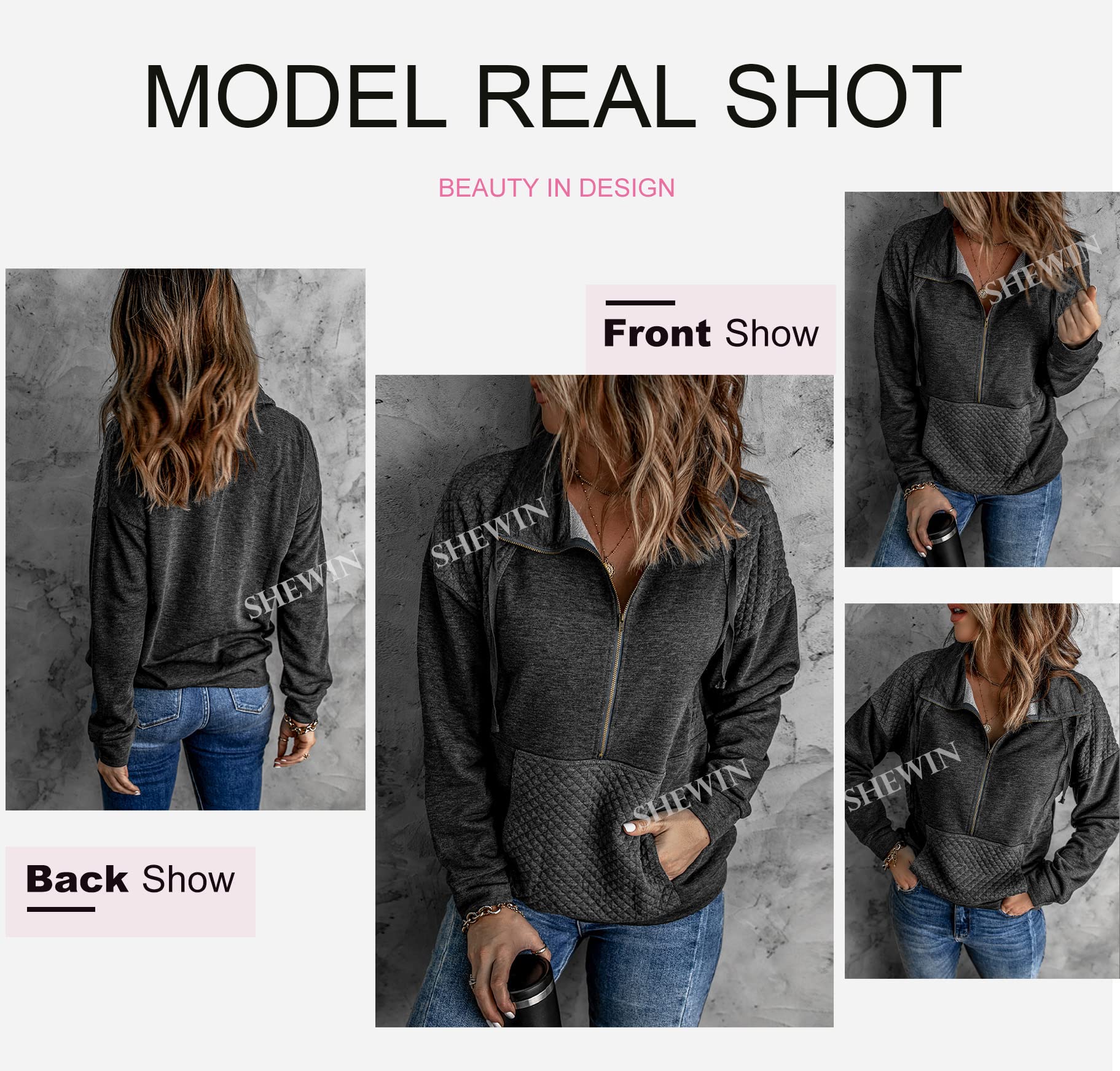 SHEWIN Womens Sweatshirt Casual Long Sleeve Lapel Quilted Half Zip Pullover Lightweight Sweatshirts for Women,US 12-14(L),Grey