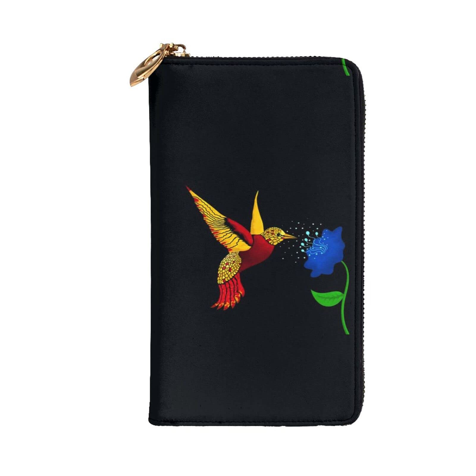 Women Zip Around Long Wallet Hummingbird Black Printed Credit Card Holder Wallet