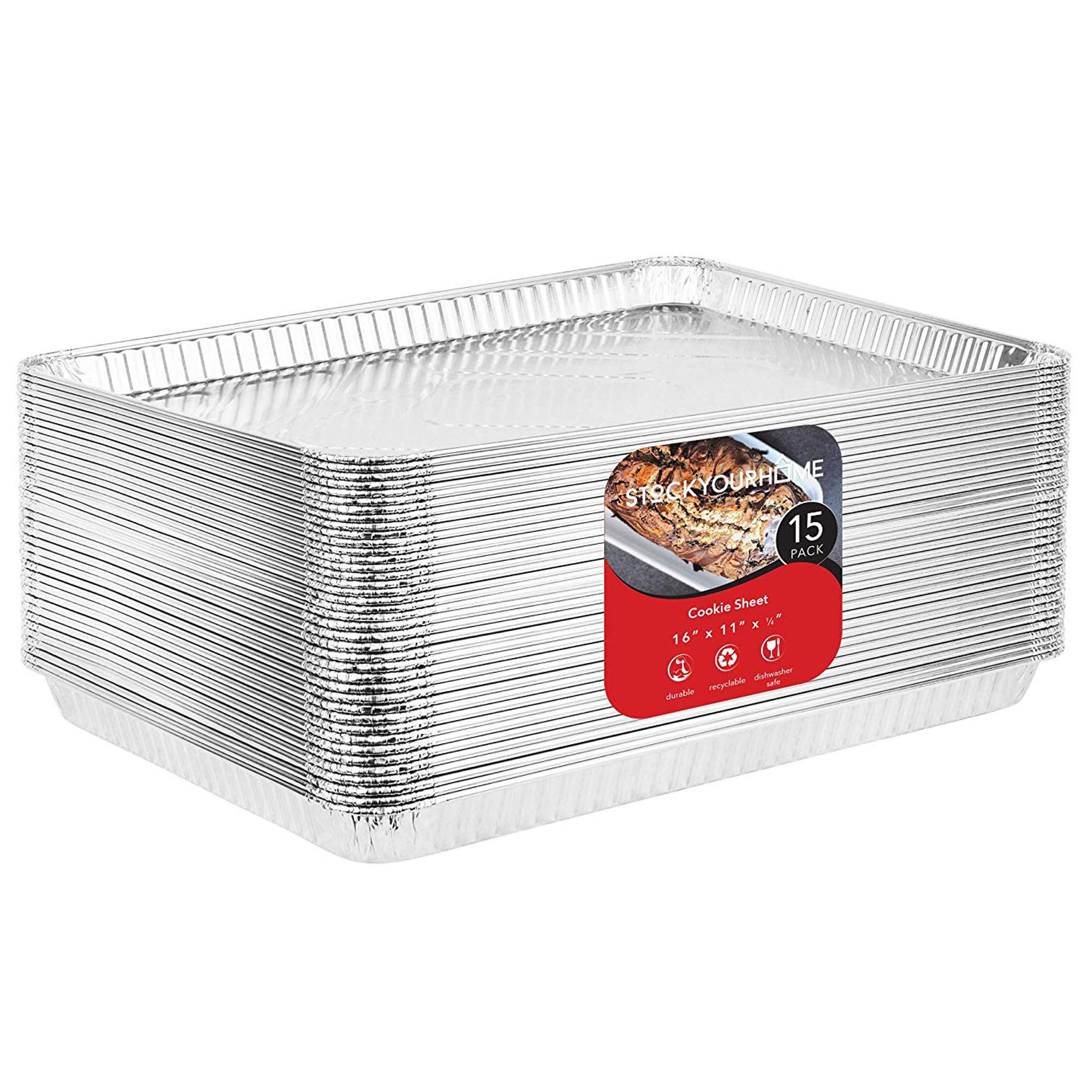 Stock Your Home Aluminum Pans Cookie Sheet Baking Pans (15 Pack) Disposable Aluminum Foil Trays - Reusable and Durable Nonstick Baking Sheets â Disposable Cookie Sheet Foil Pans - 16 Inch x 11 Inch